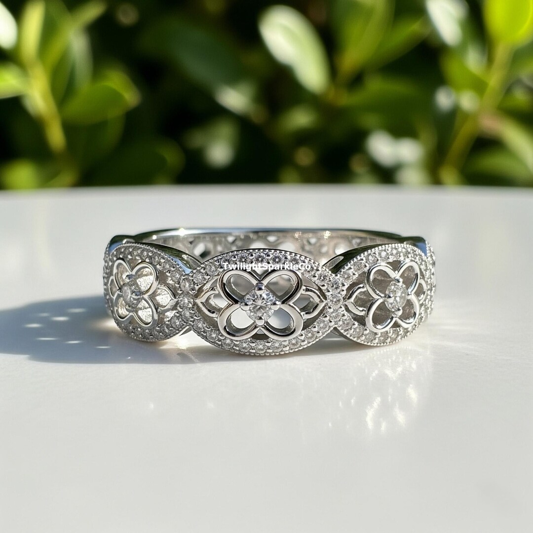 Vintage Art Deco Flower Full Eternity Wedding Band, Stackable Ring ...