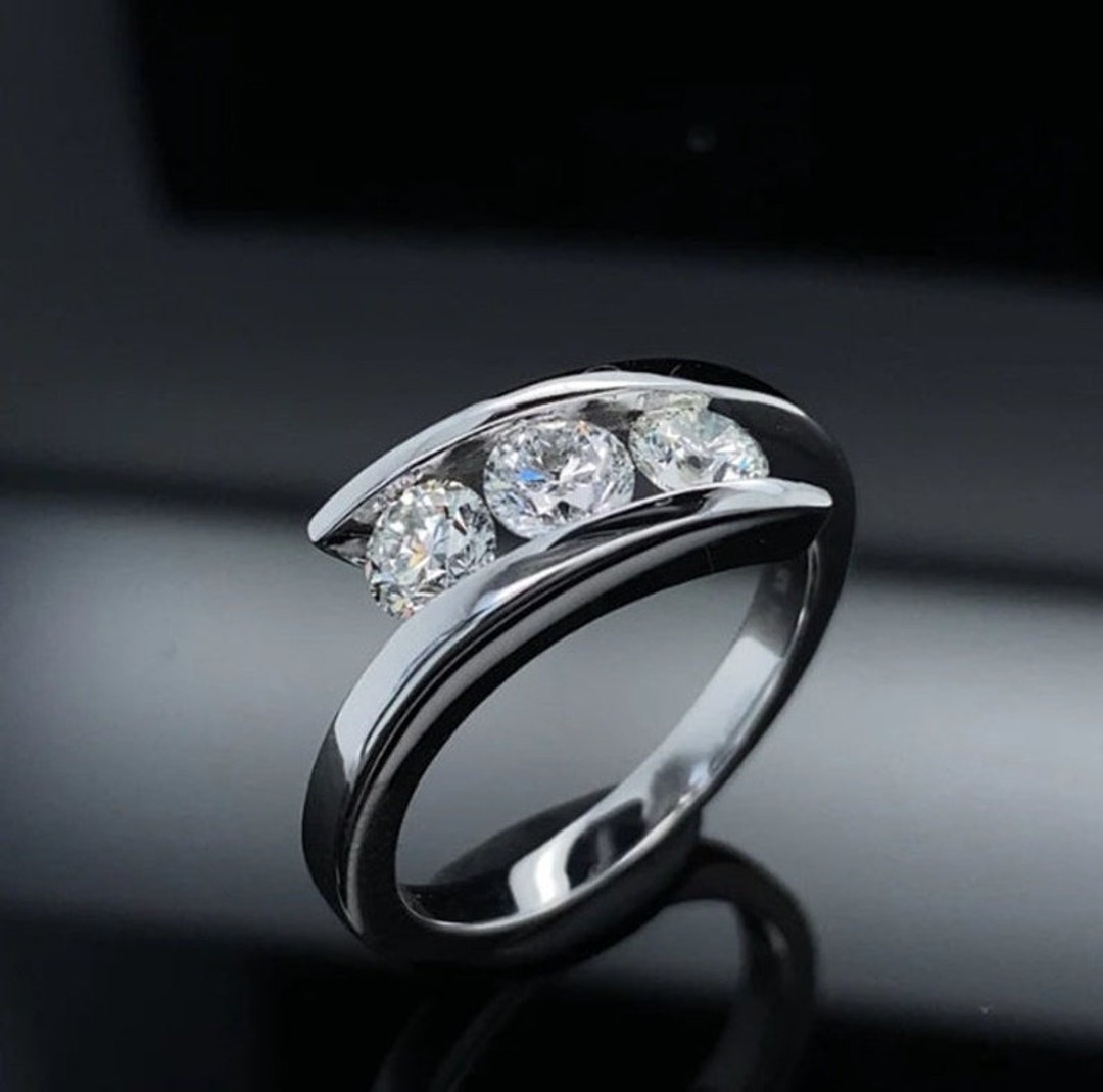 Three Stone Ring, Swirl Bypass Wedding Ring, Round Cut Moissanite ...