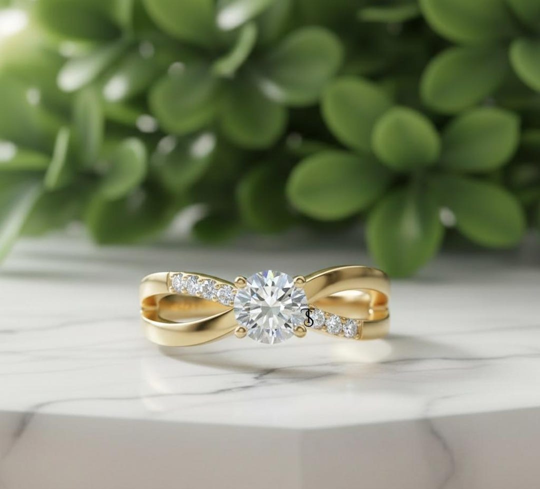 Round Cut Moissanite Engagement Ring, Criss Cross Wedding Ring ...