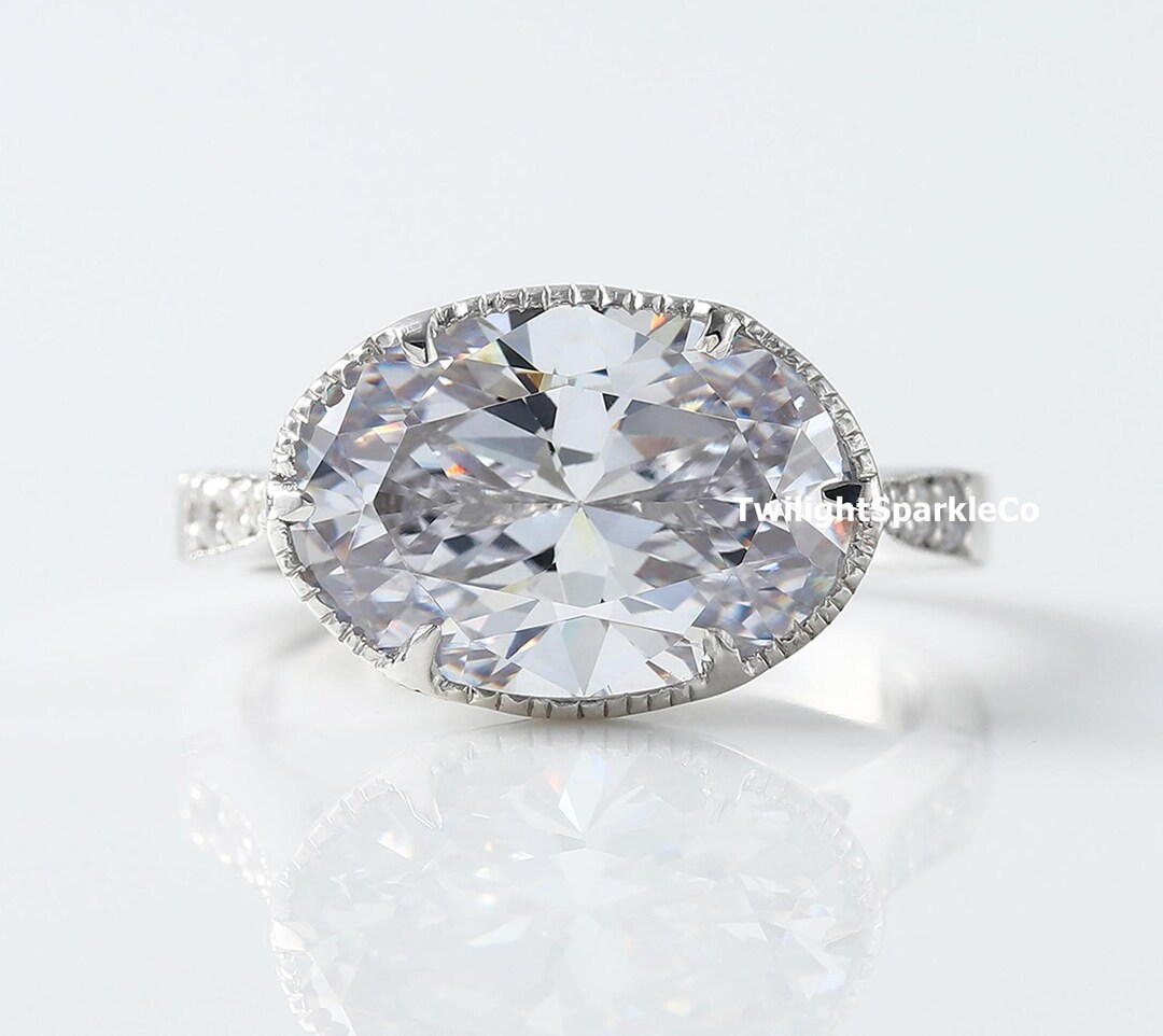 East-west 3CT Oval Step Cut CZ Diamond Milgrain Unique Bezel Vintage ...