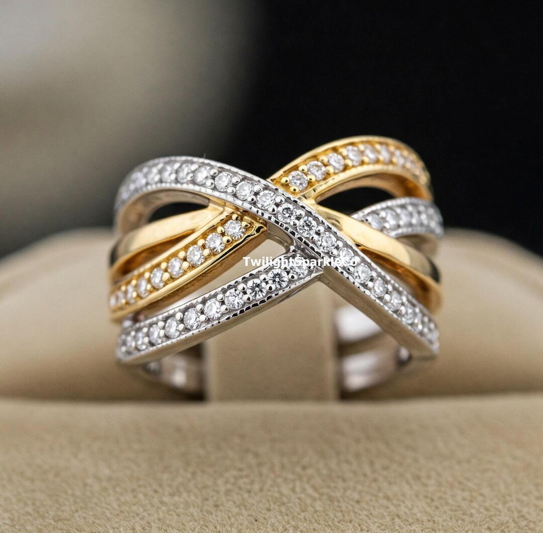 Two Tone Moissanite Criss Cross Half Eternity Twisted Overlap Wrap 925 ...