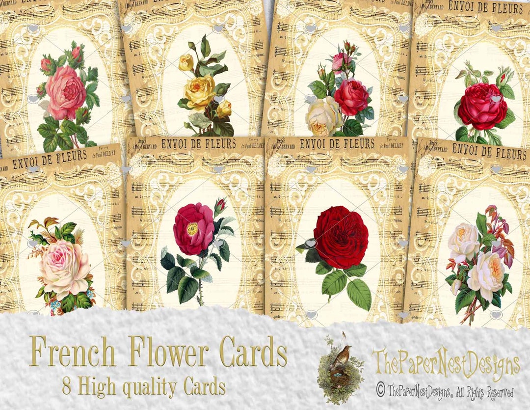 French Style Rose Cards, Printable Digital Cards, Instant Digital ...
