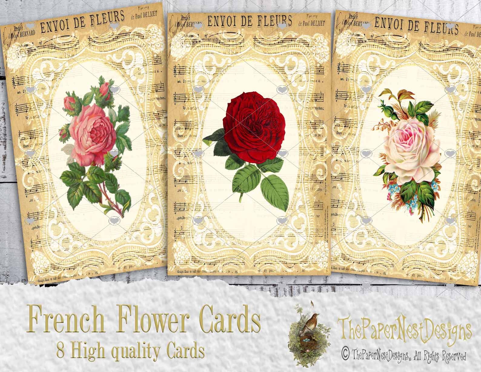 French Style Rose Cards, Printable Digital Cards, Instant Digital ...