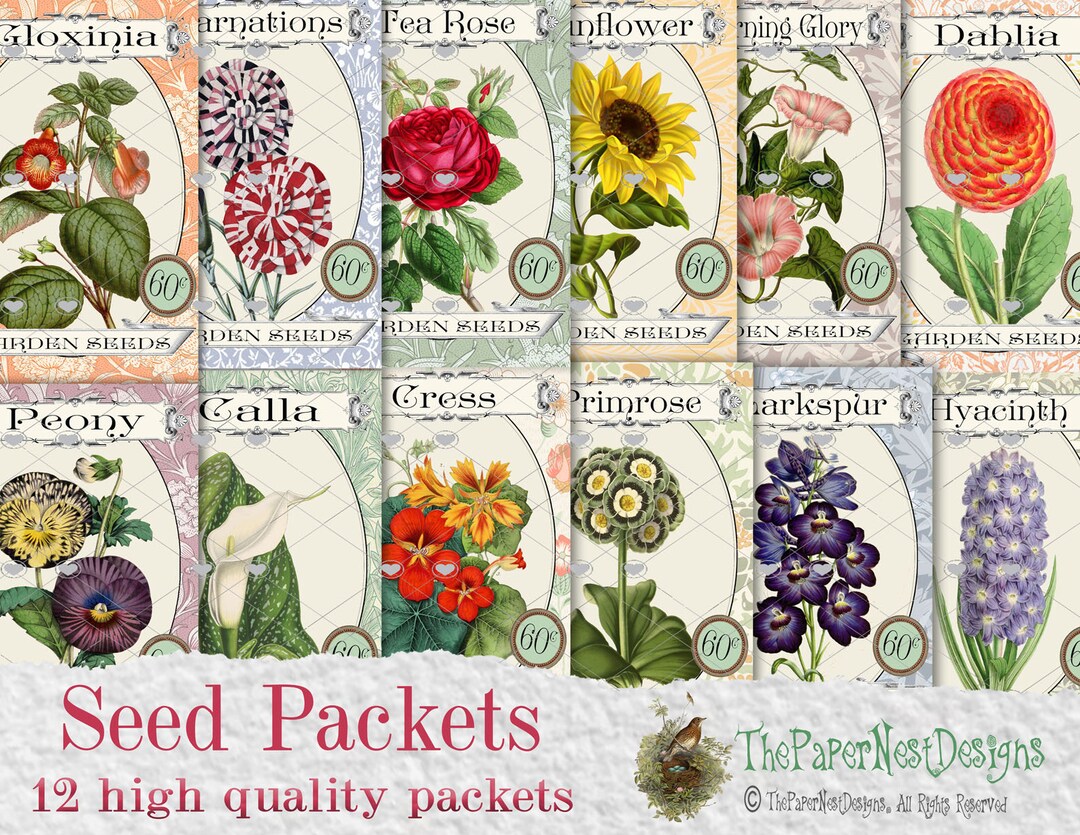 Flower Seed Packets, 12 Vintage Style, High Quality Packets, Instant ...