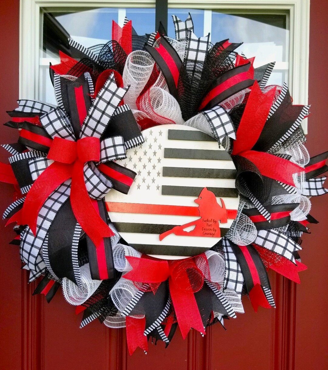Firefighter Support Wreath, Red Black Fireman Flag Door Decor, Fire ...