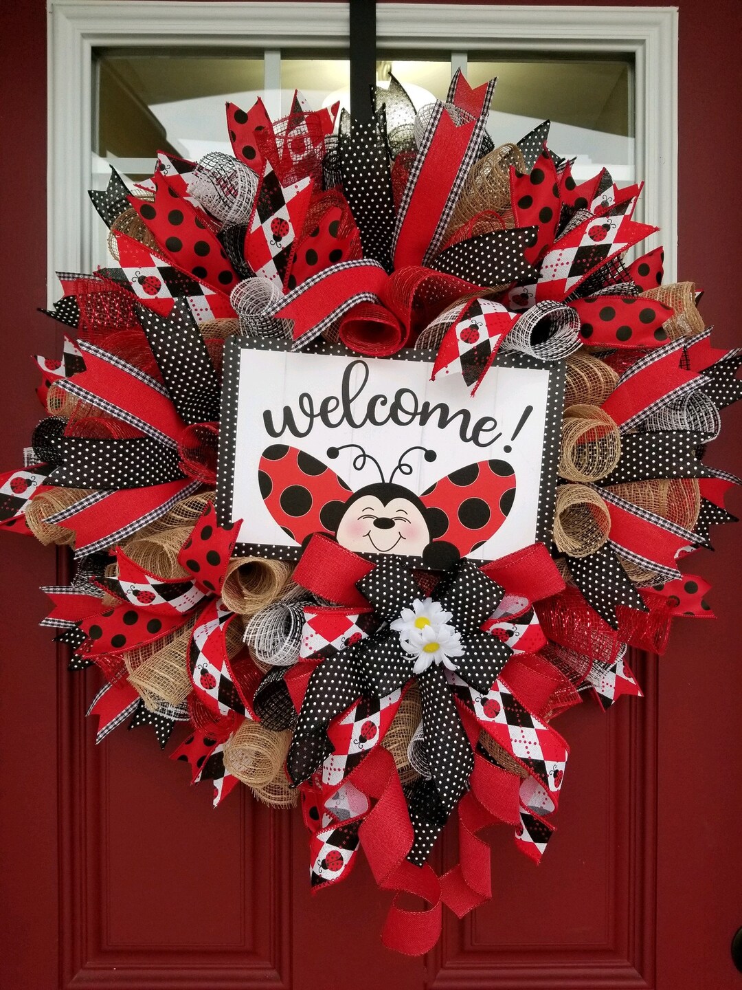 Spring Ladybug Mesh Wreath, Ladybug Front Door Decor, Ladybug Daisy Bow ...