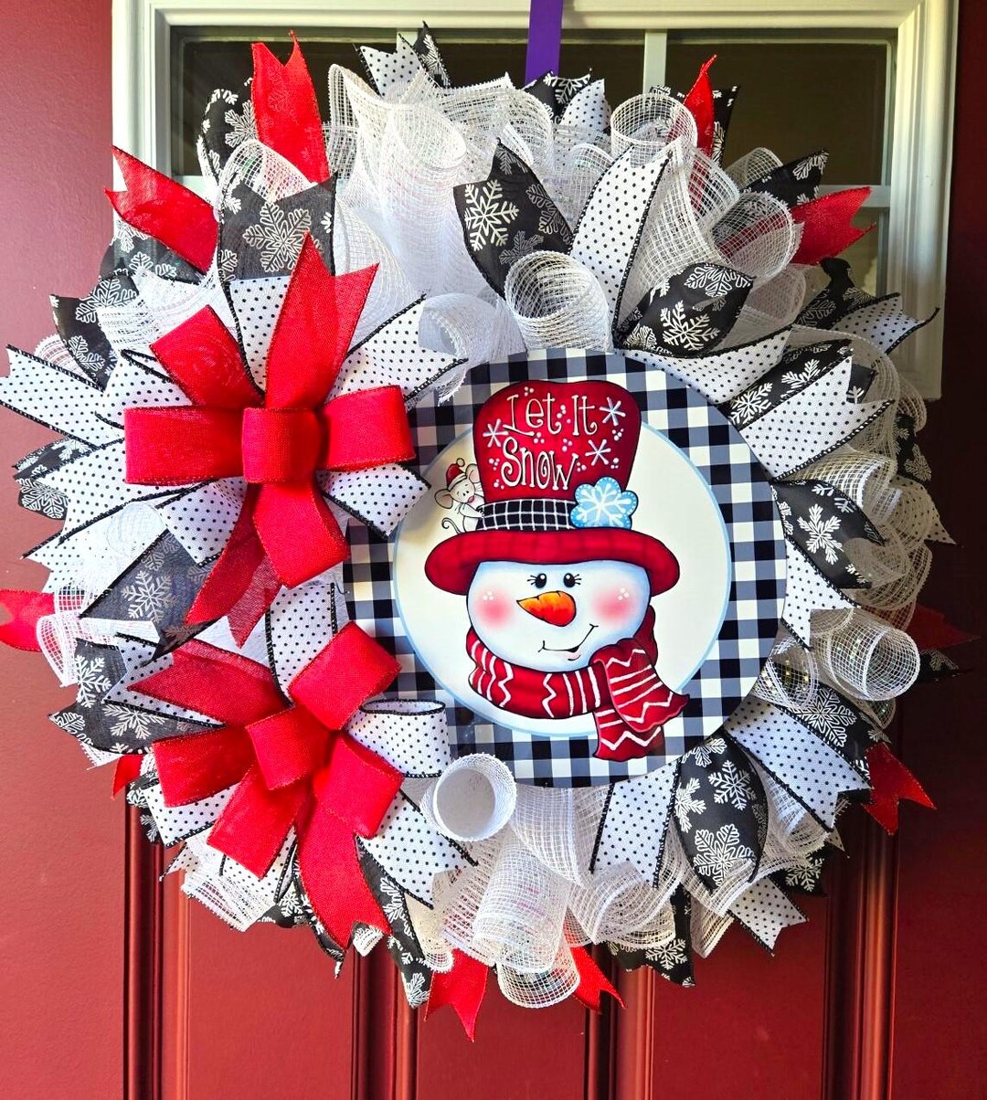 Christmas Snowman Wreath, Let It Snow Mesh Ribbon Wreath, Black Red ...