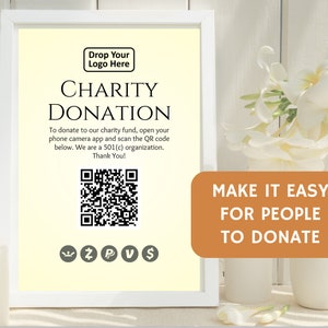 Charity Donation Fund QR Code Scan Sign, Venmo Paypal Cash App Zelle Go ...