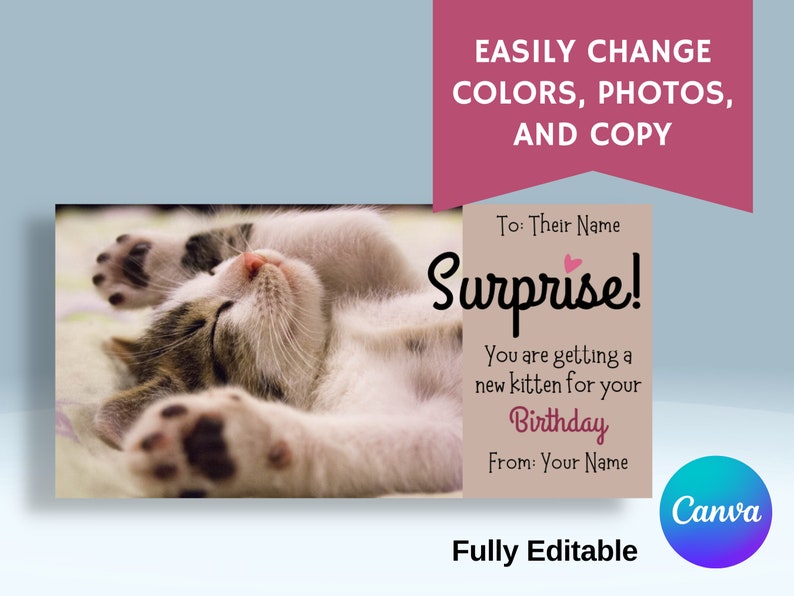 Kitten & Cat Gift Reveal Certificate, Surprise Gift Card, Getting Pet ...