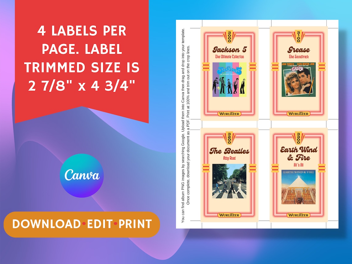 Editable Wurlitzer Jukebox Labels, Retro Album and CD Labels, Customize ...