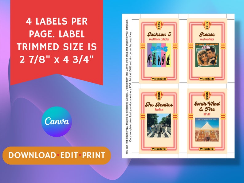 Editable Wurlitzer Jukebox Labels, Retro Album and CD Labels, Customize ...