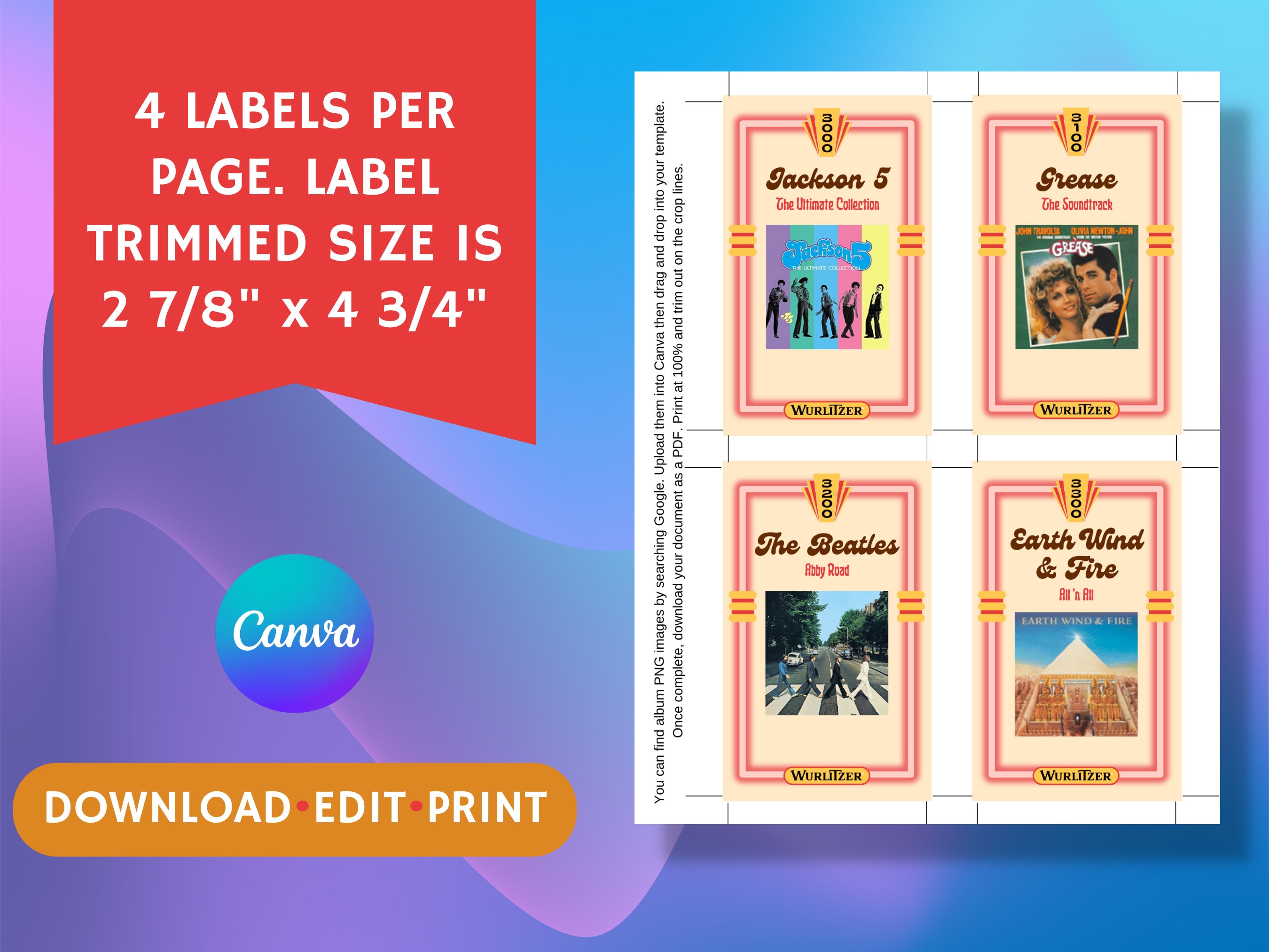 Editable Wurlitzer Jukebox Labels, Retro Album and CD Labels, Customize ...