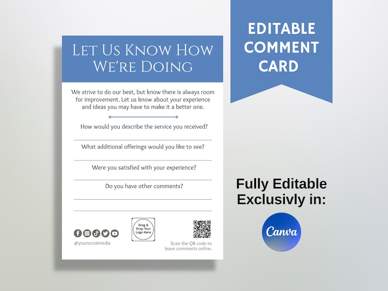 Comment Card for Suggestion Box, Customer Feedback Form, Fully Editable ...