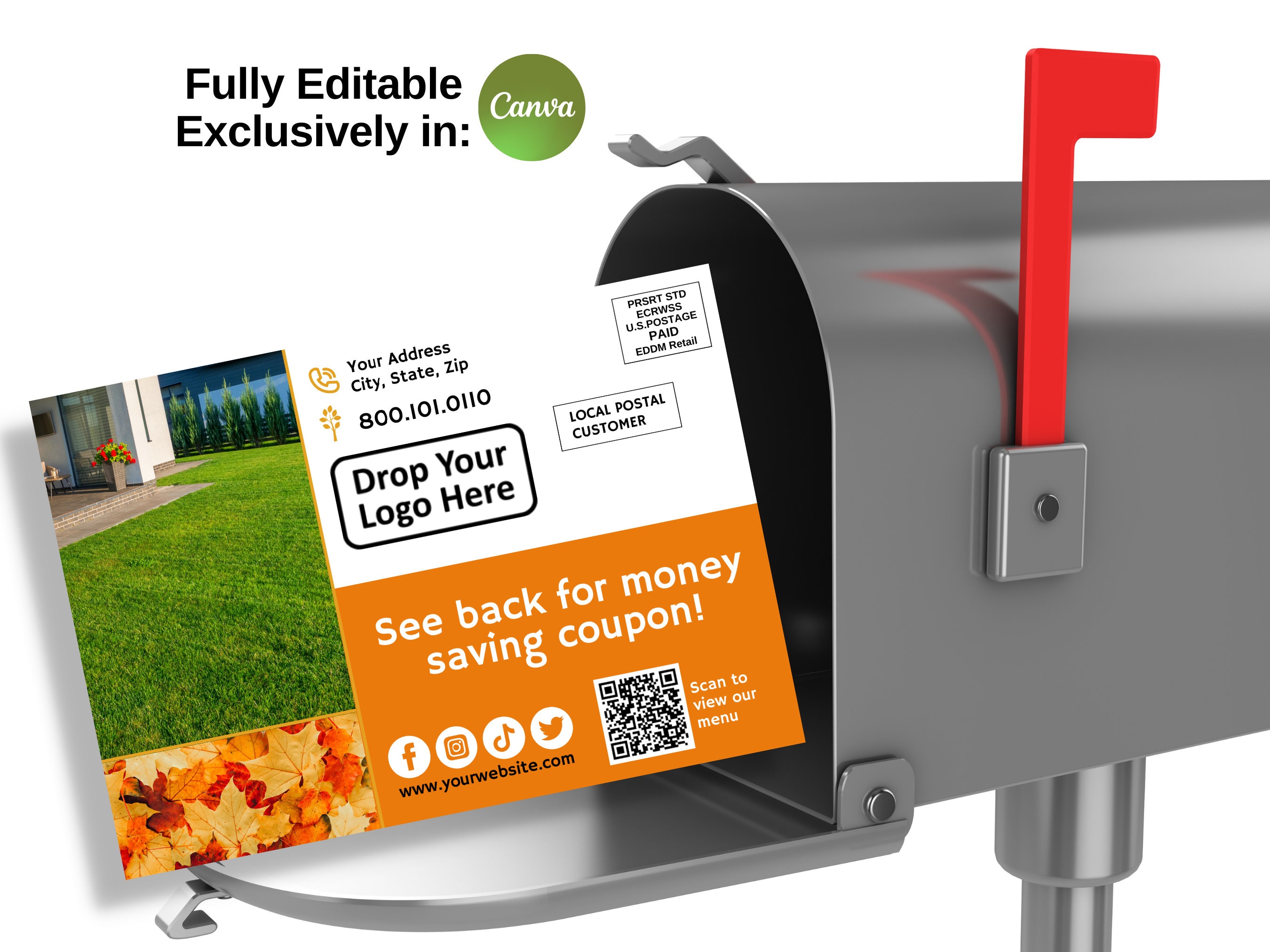 Lawn Service EDDM Postcard, Fall Landscaping Coupon Marketing Mailer, Fully Editable Canva, Two ...