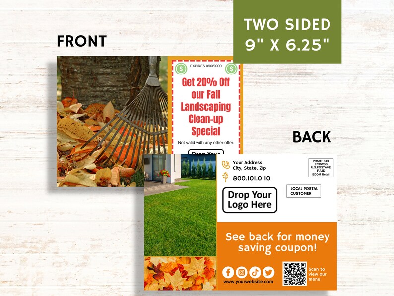 Lawn Service EDDM Postcard, Fall Landscaping Coupon Marketing Mailer, Fully Editable Canva, Two ...