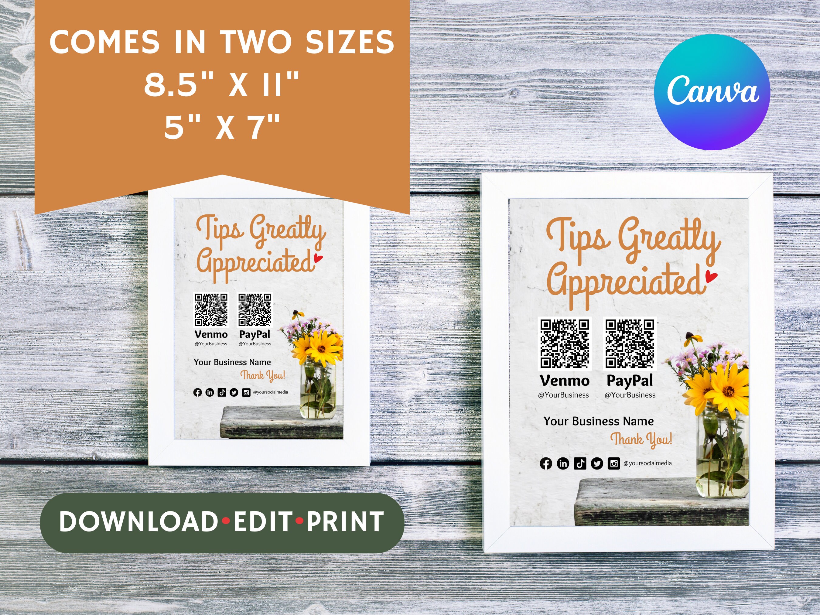 Virtual Tip Jar Sign, Two QR Code Pay, Printable Venmo Payment Sign ...