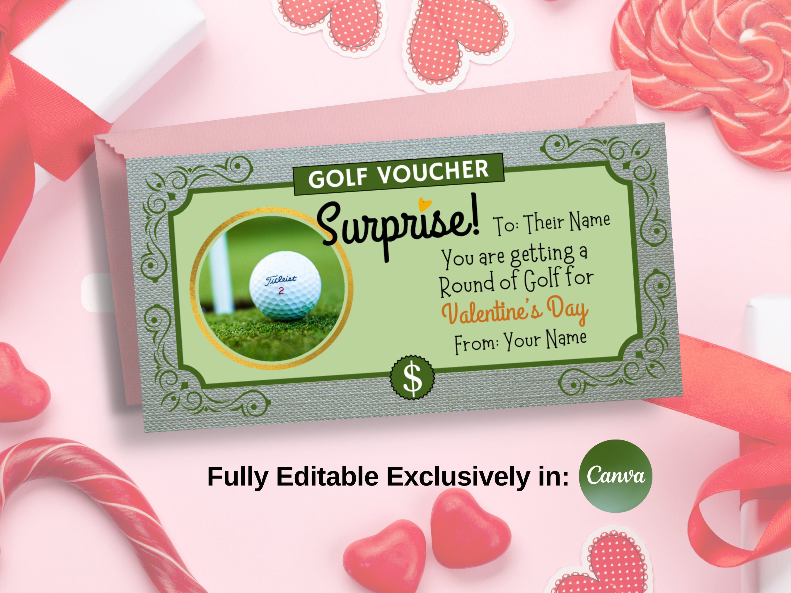 Golf Voucher Gift Reveal Certificate, Valentine's Day Gift Card, Fully ...