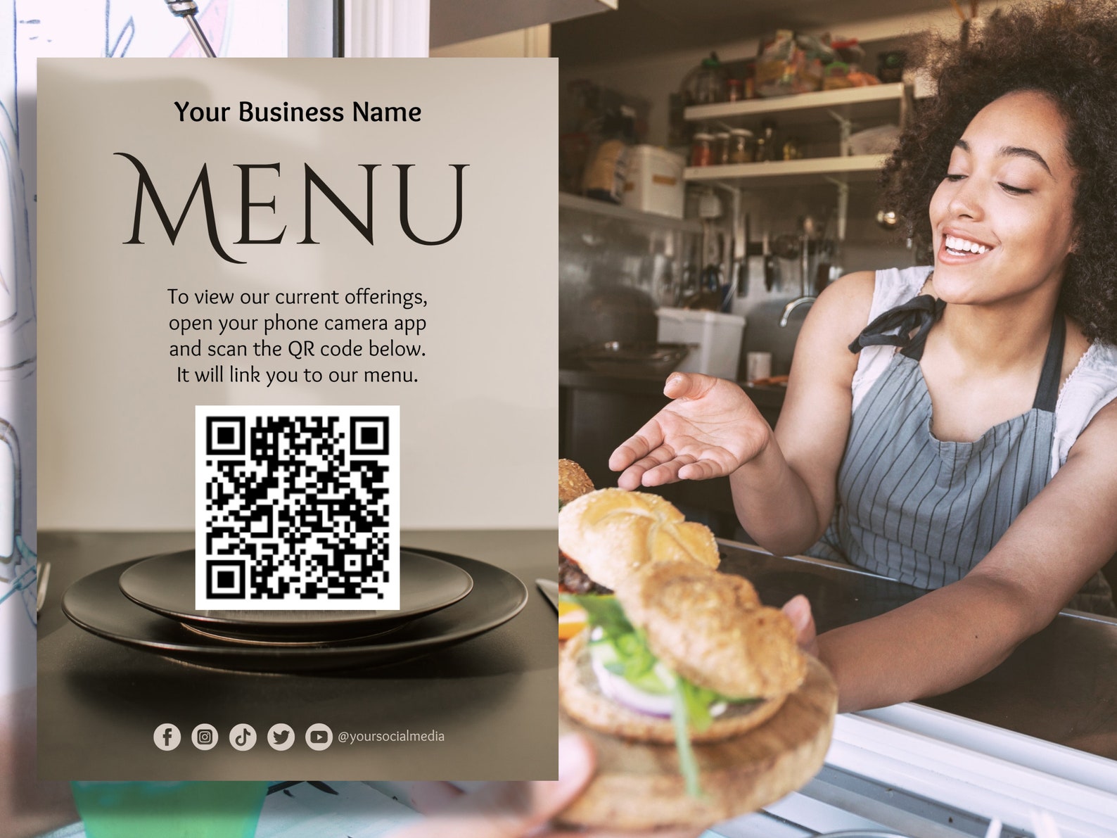 Printable Menu QR Code Scan Sign, Paperless Menu for Dining, Restaurant ...