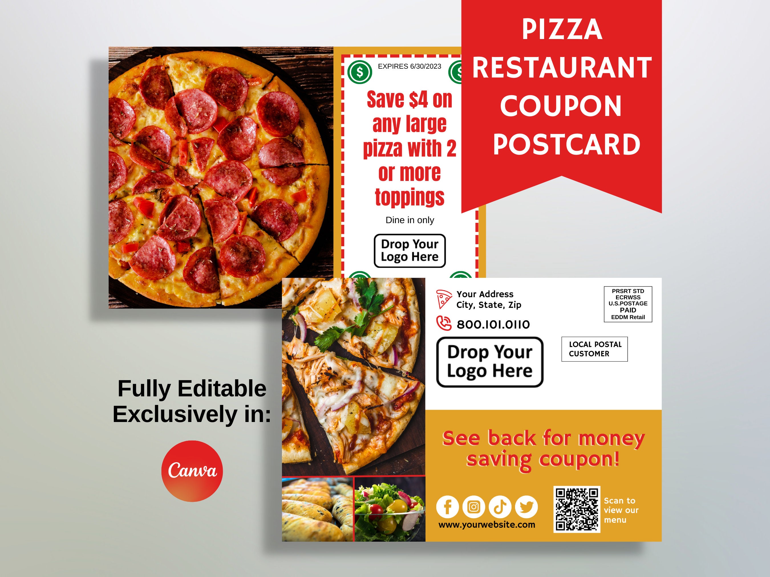 Pizza Restaurant EDDM Postcard, Coupon Marketing Mailer, Fully Editable ...