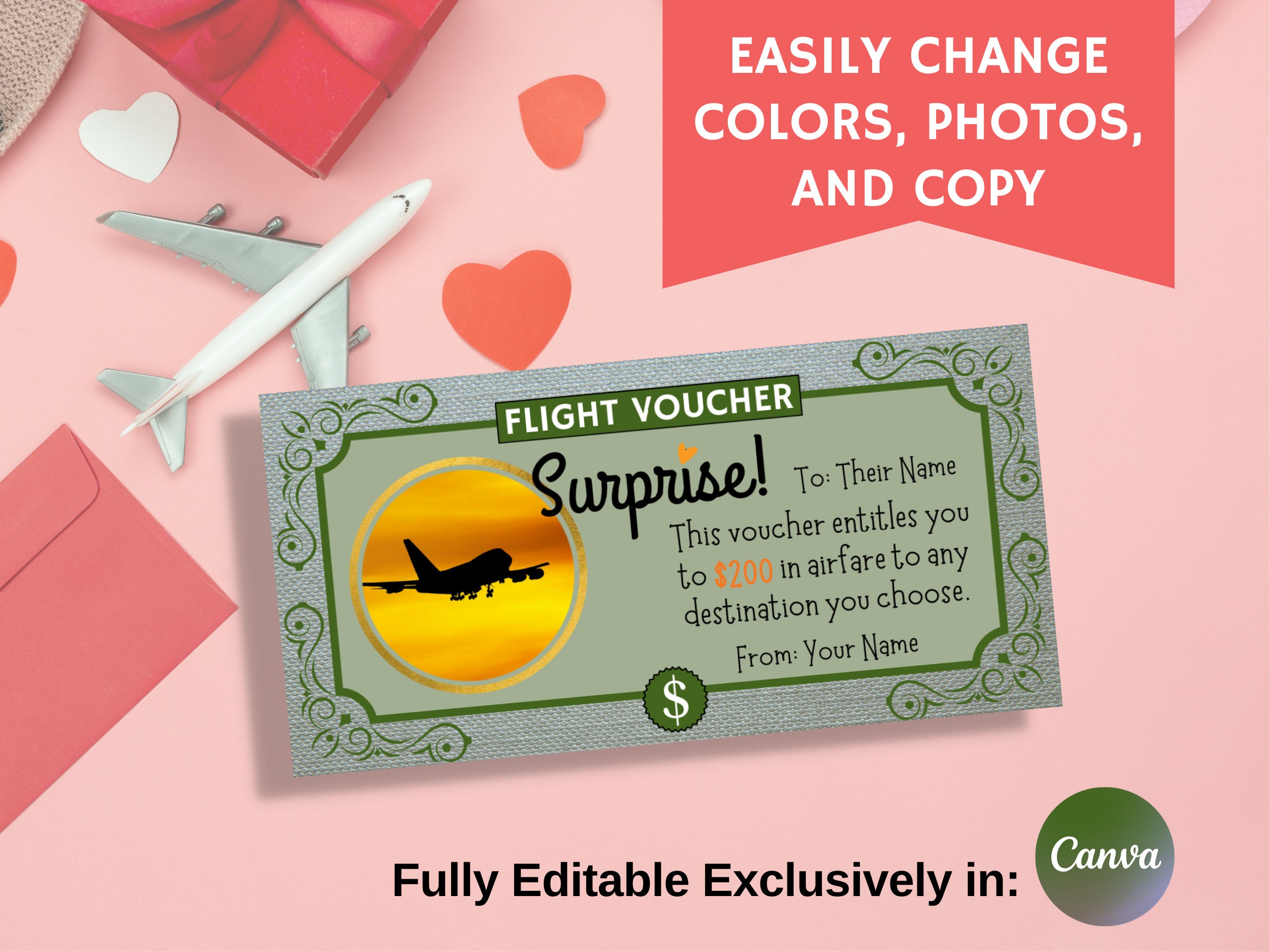 Flight Voucher Gift Reveal Certificate, Valentine's Day Gift Card ...