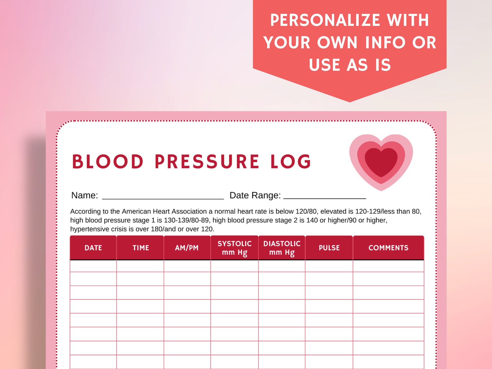 Editable Blood Pressure Log, Heart Health Organizational Chart ...