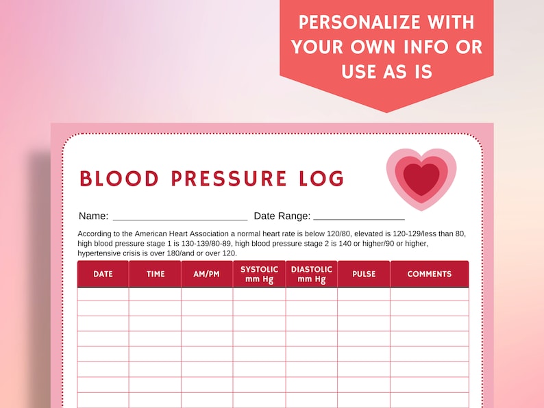 Editable Blood Pressure Log, Heart Health Organizational Chart ...