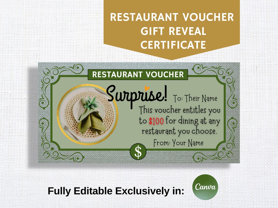 Elegant Restaurant Voucher Gift Reveal Certificate, Dining Surprise ...