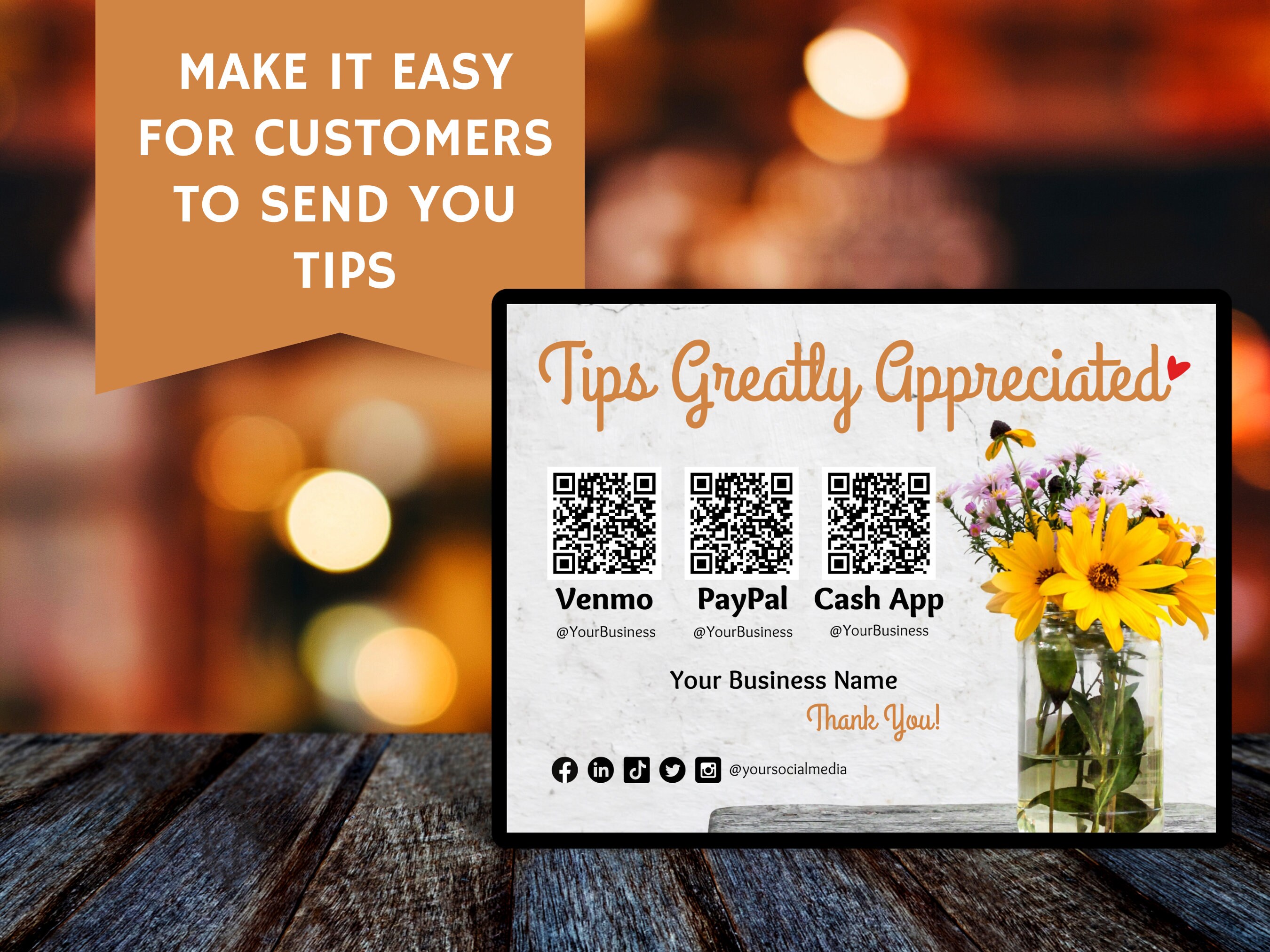 Virtual Tip Jar Sign, 3 QR Code Pay, Printable Venmo Payment Sign, Tips ...