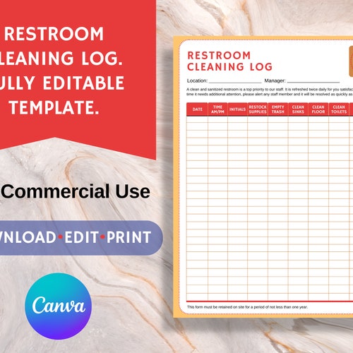 Restroom Cleaning Log Commercial Bathroom Template Fully - Etsy