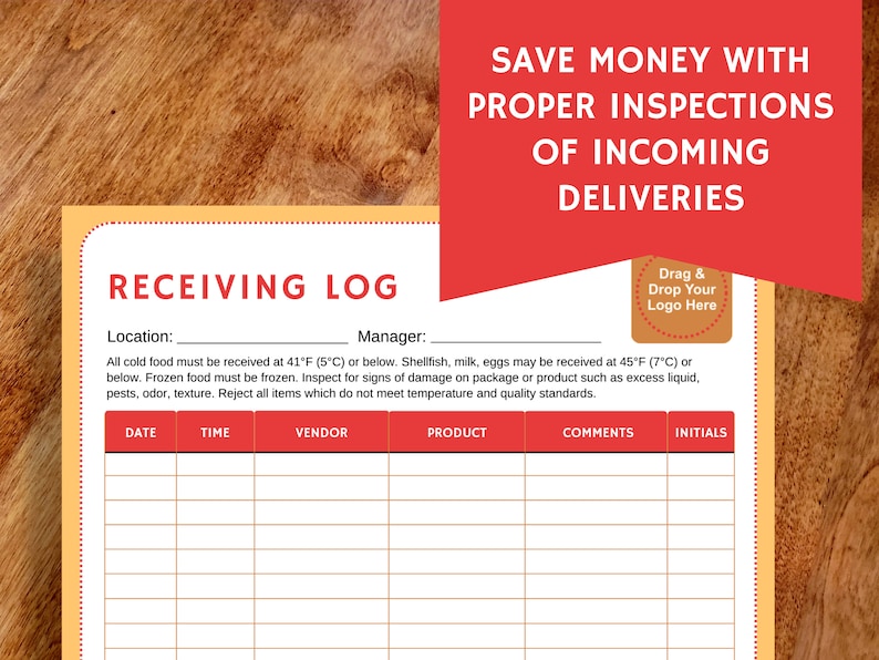 Receiving Log for Food Service, Restaurant Business Form, Food Quality ...