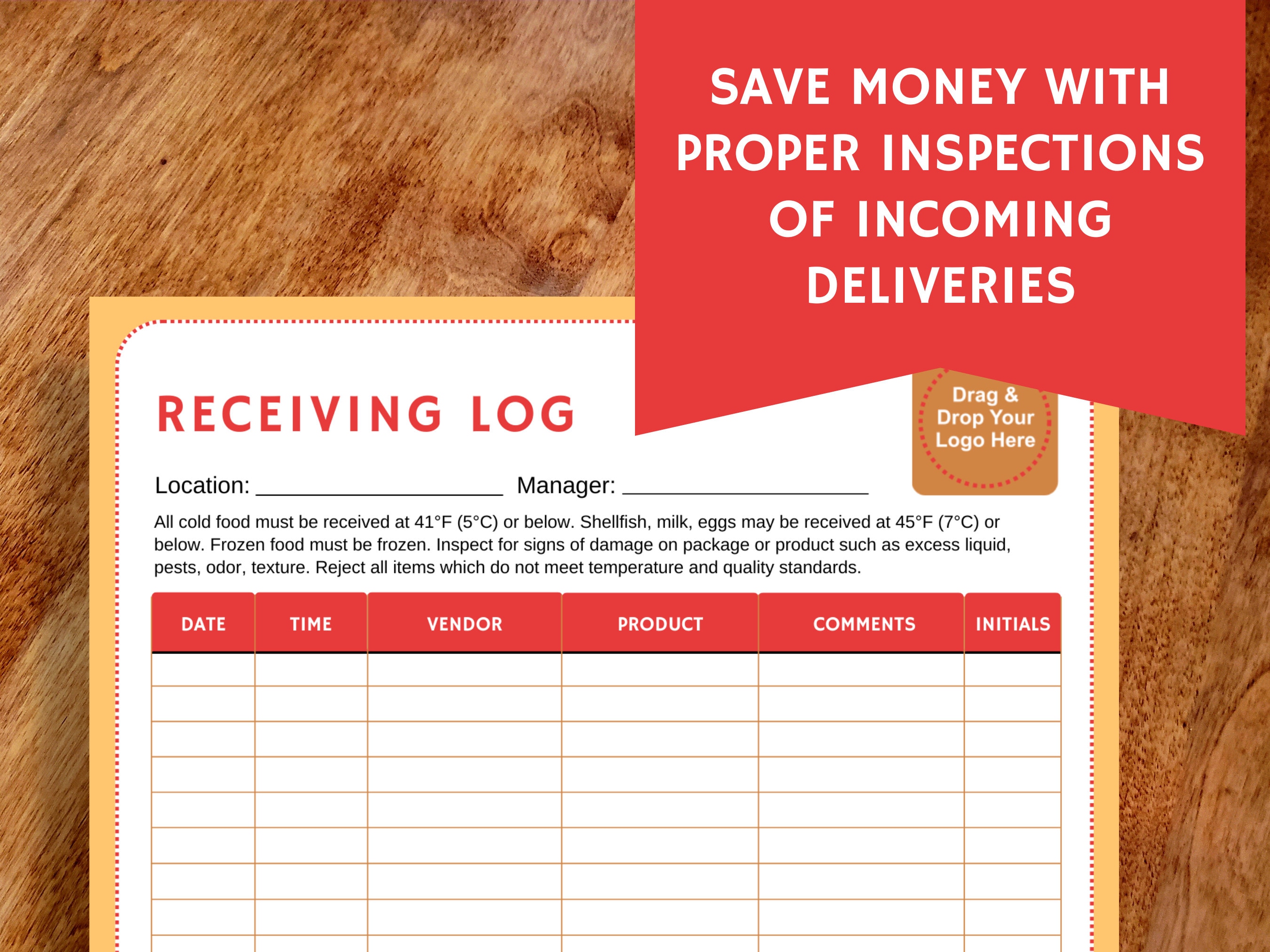 Receiving Log for Food Service, Restaurant Business Form, Food Quality ...