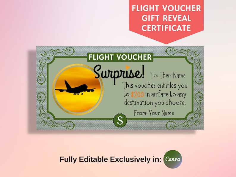Flight Voucher Gift Reveal Certificate, Valentine's Day Gift Card ...