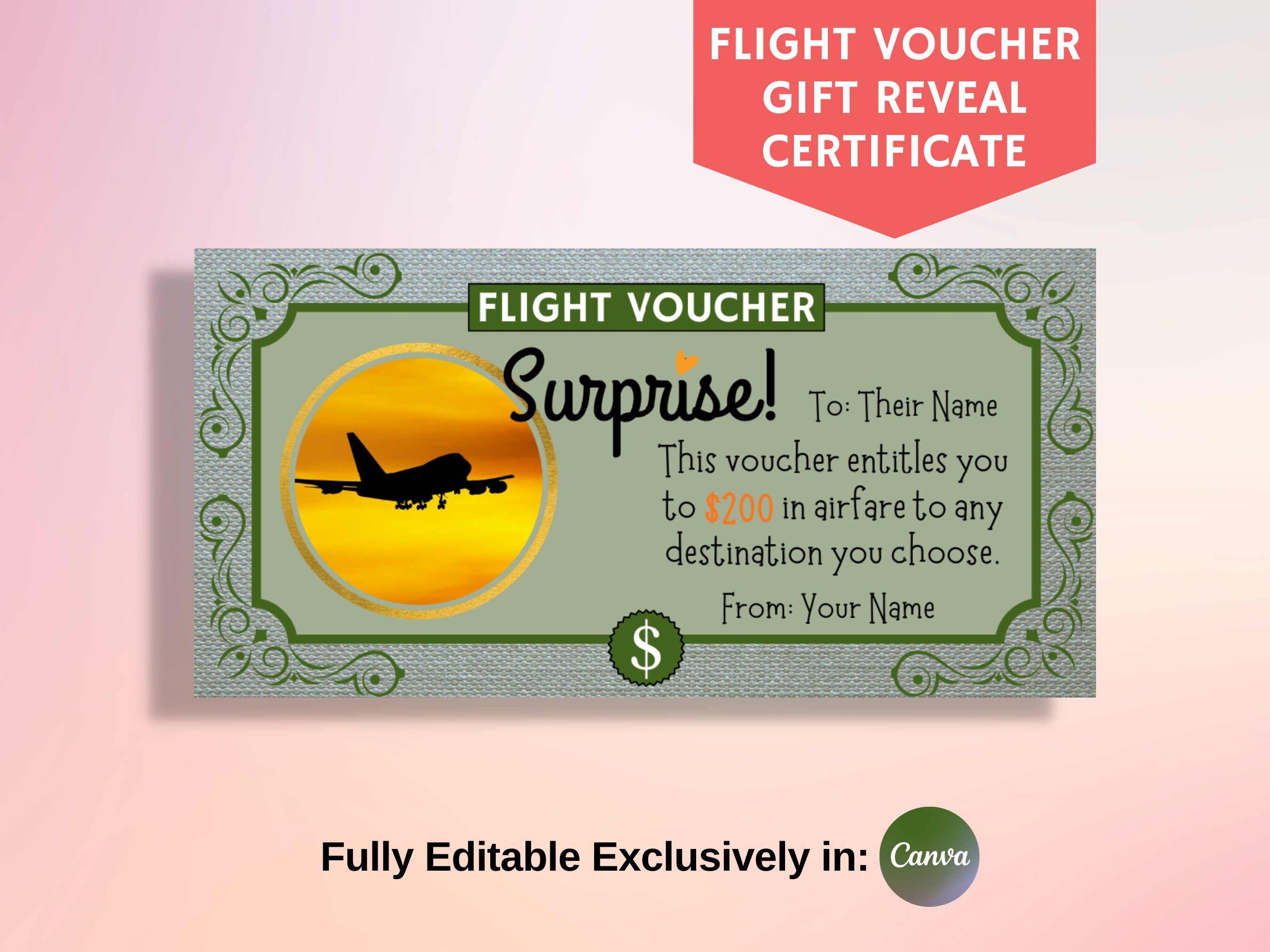 Flight Voucher Gift Reveal Certificate, Valentine's Day Gift Card ...