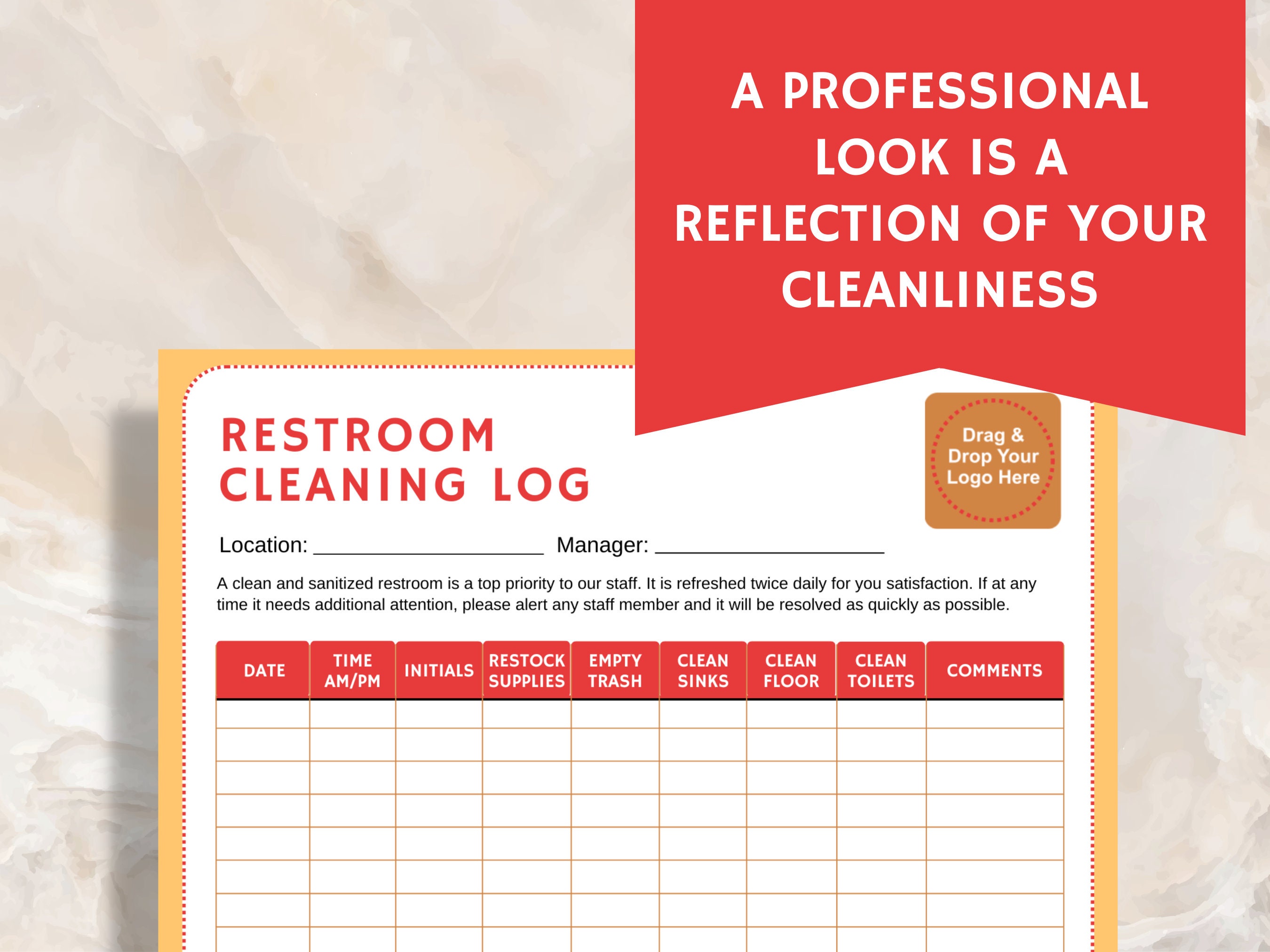 Restroom Cleaning Log, Commercial Bathroom Template, Fully Editable in ...