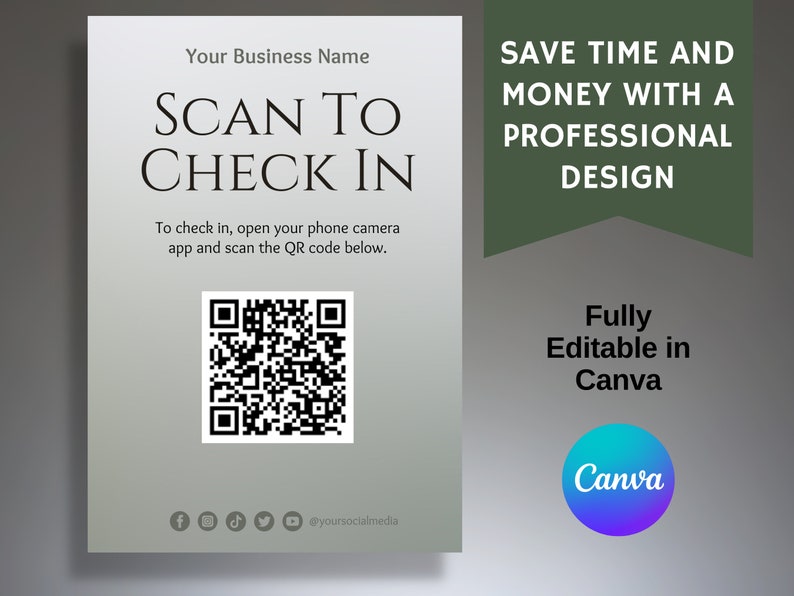 Printable Check in QR Code Scan Sign, Paperless Registration Templates ...