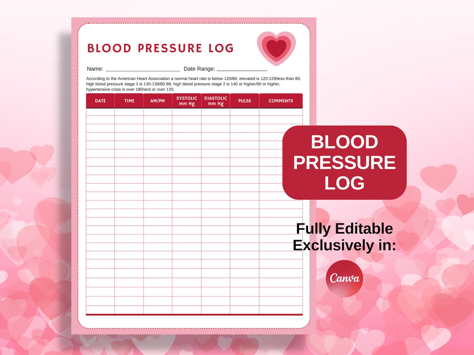 Editable Blood Pressure Log, Heart Health Organizational Chart ...