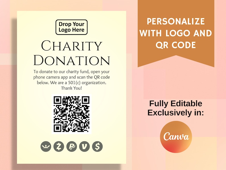 Charity Donation Fund QR Code Scan Sign, Venmo Paypal Cash App Zelle Go Fund Me Donations, Fully ...