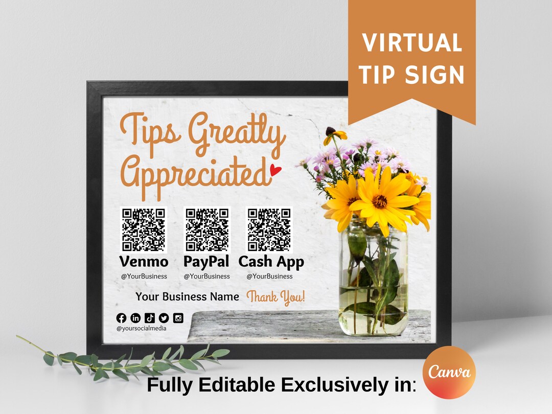 Virtual Tip Jar Sign, 3 QR Code Pay, Printable Venmo Payment Sign, Tips ...