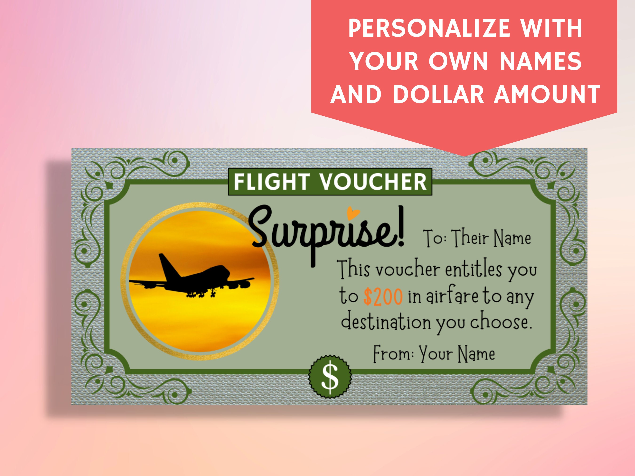 Flight Voucher Gift Reveal Certificate, Valentine's Day Gift Card ...