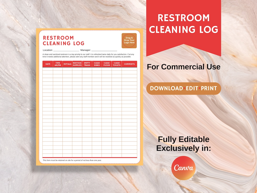 Restroom Cleaning Log, Commercial Bathroom Template, Fully Editable in ...