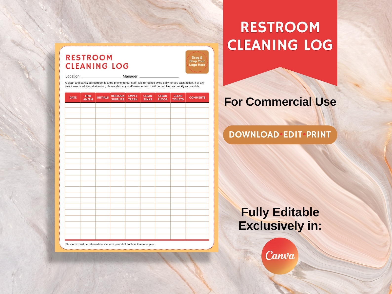 Restroom Cleaning Log, Commercial Bathroom Template, Fully Editable in ...