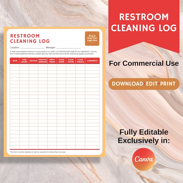 Restroom Cleaning Log, Commercial Bathroom Template, Fully Editable in ...