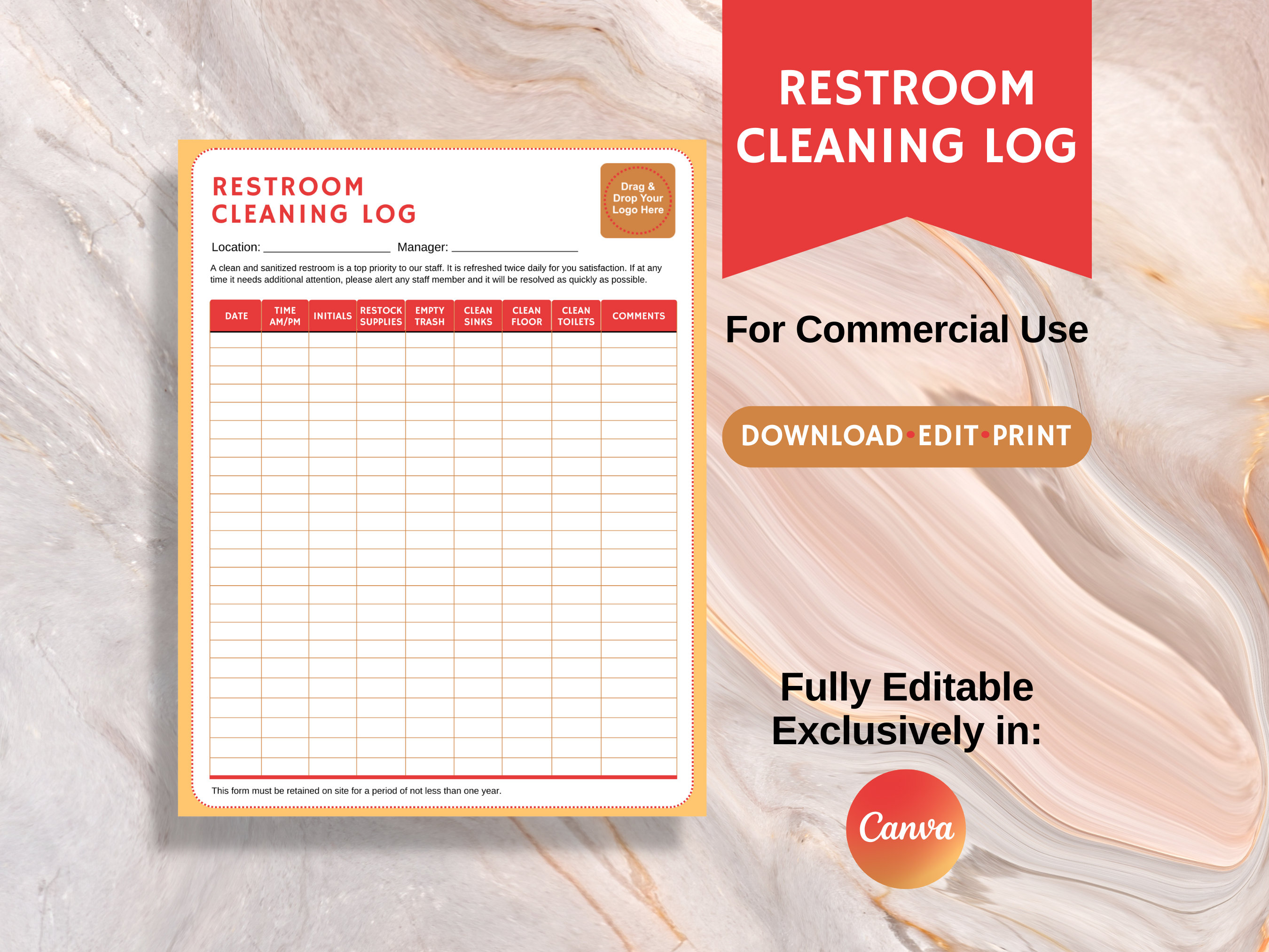 Restroom Cleaning Log, Commercial Bathroom Template, Fully Editable in ...