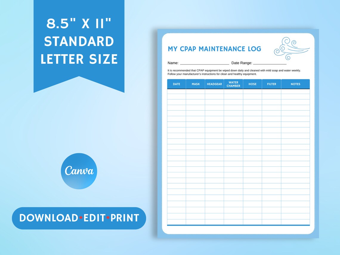 Editable CPAP Maintenance Log, Clean and Healthy Equipment Chart, Care ...