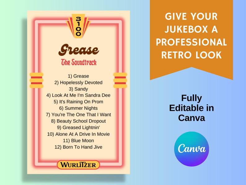 Editable Wurlitzer Jukebox Labels, Retro Album and CD Labels, Customize ...