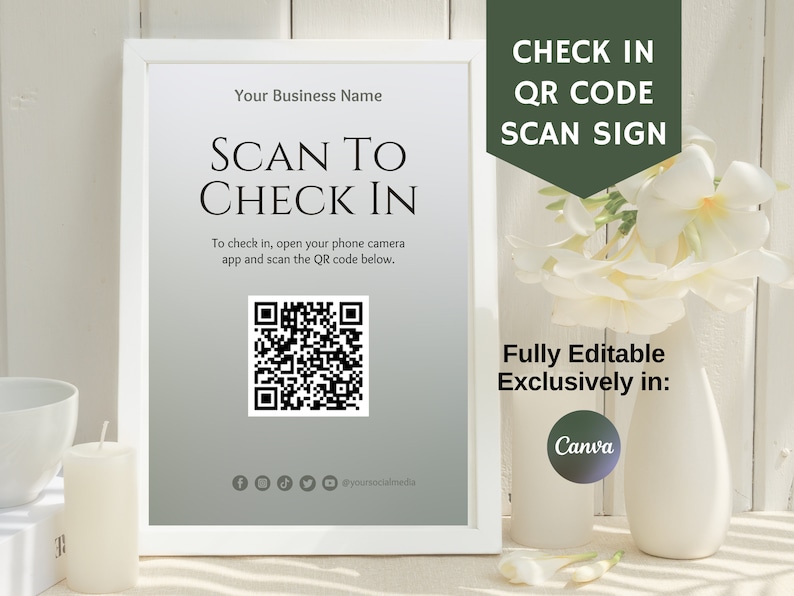 Printable Check in QR Code Scan Sign, Paperless Registration Templates ...