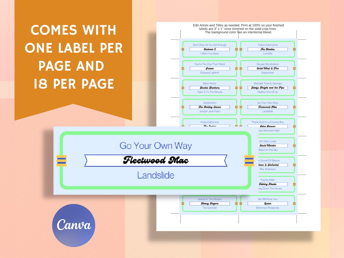 Editable Retro Jukebox Labels, Song and Artist Label, Customize With ...