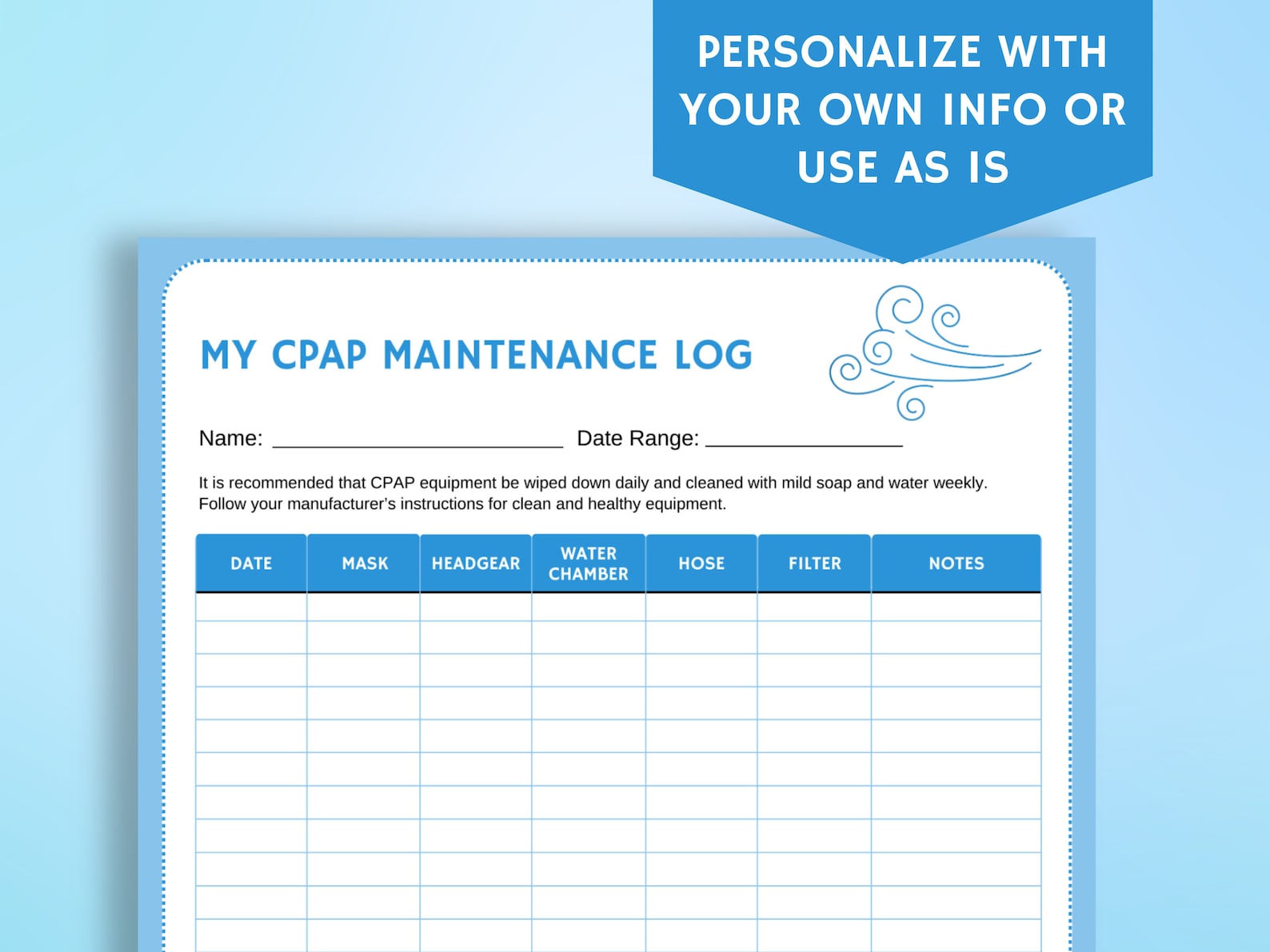 Editable CPAP Maintenance Log, Clean and Healthy Equipment Chart, Care ...