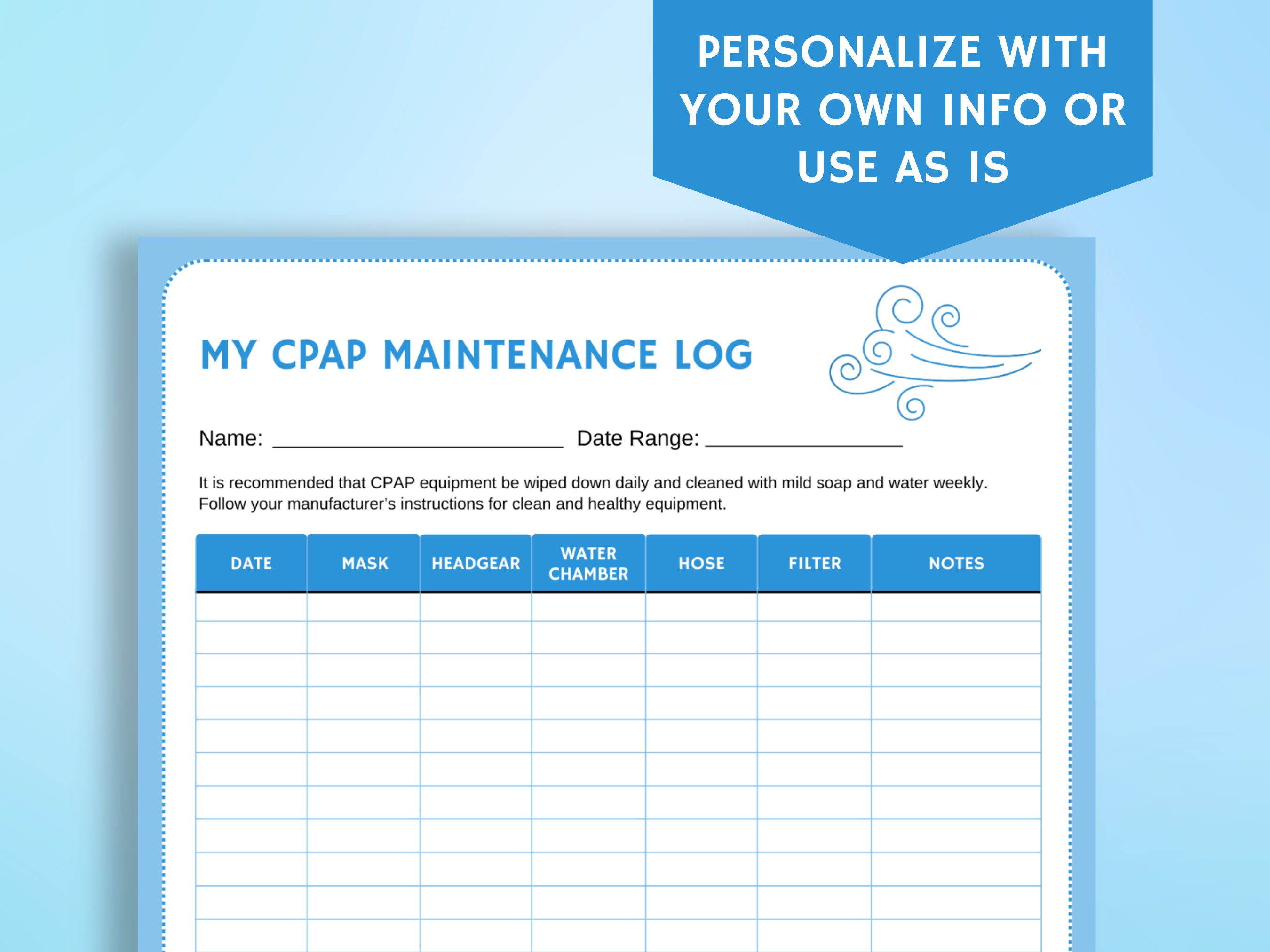 Editable CPAP Maintenance Log, Clean and Healthy Equipment Chart, Care ...