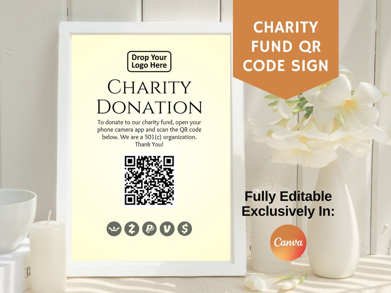 Charity Donation Fund QR Code Scan Sign, Venmo Paypal Cash App Zelle Go ...